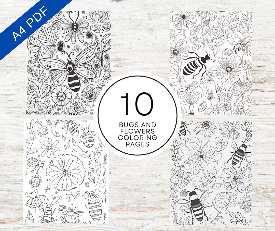 10 Bugs & Flowers Coloring Pages | Printable PDF A4 | Spring Insects ...