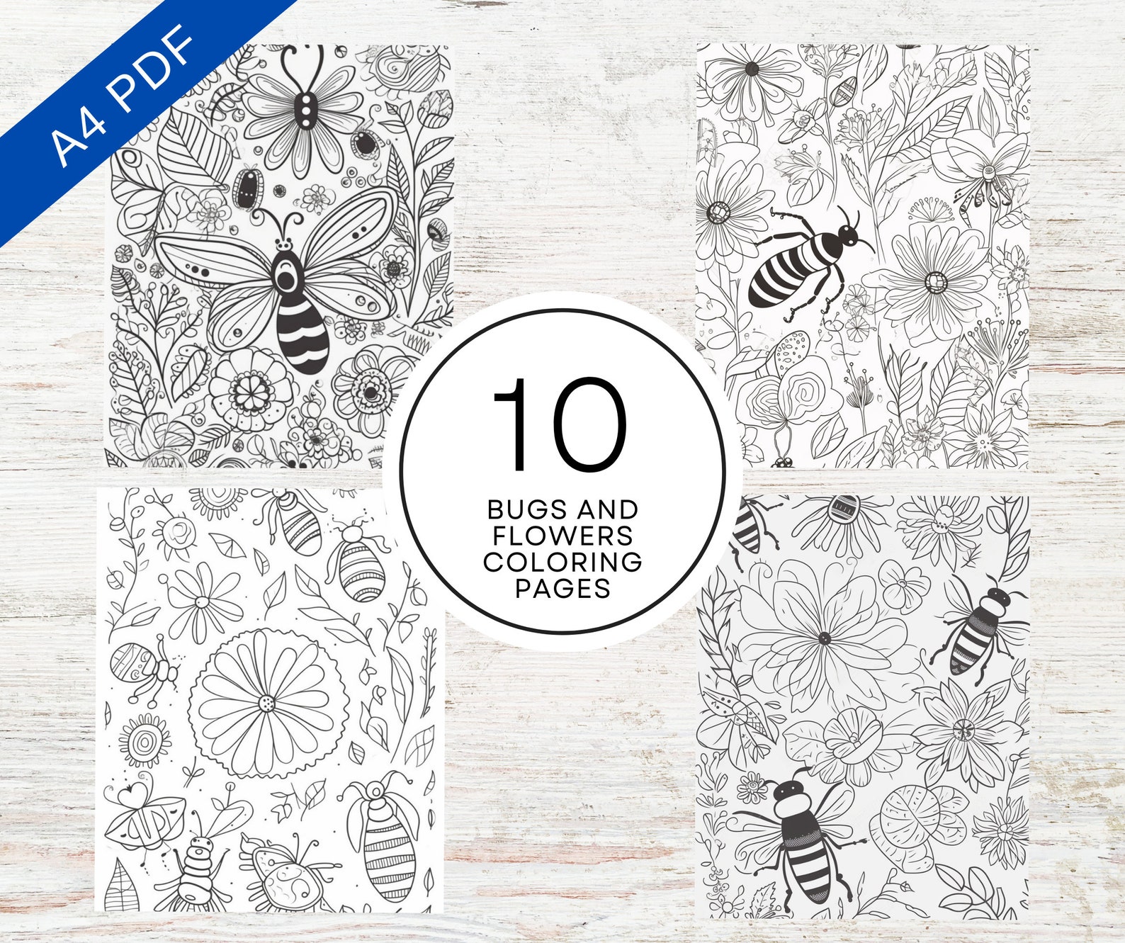 10 Bugs & Flowers Coloring Pages | Printable PDF A4 | Spring Insects ...