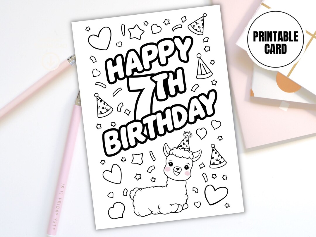 7th Birthday Llama Coloring Card - Printable Birthday Card - Digital ...