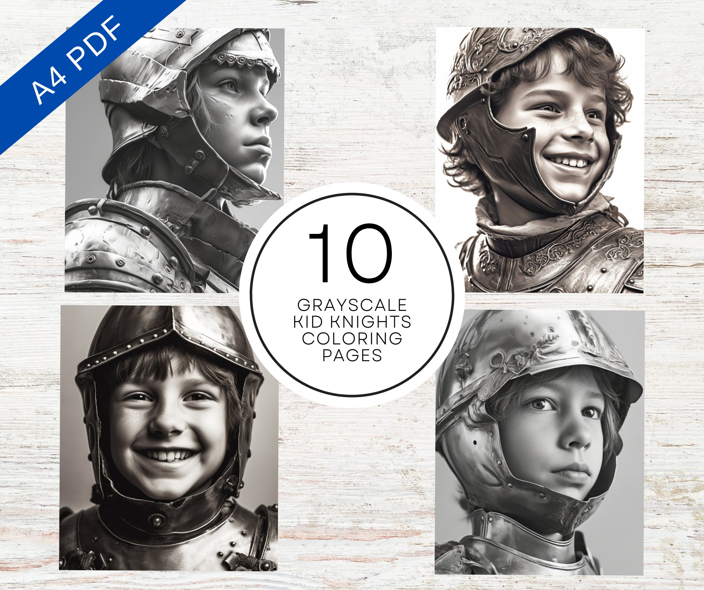 10 Grayscale Kid Knight Coloring Pages for Adults Digital Fantasy ...