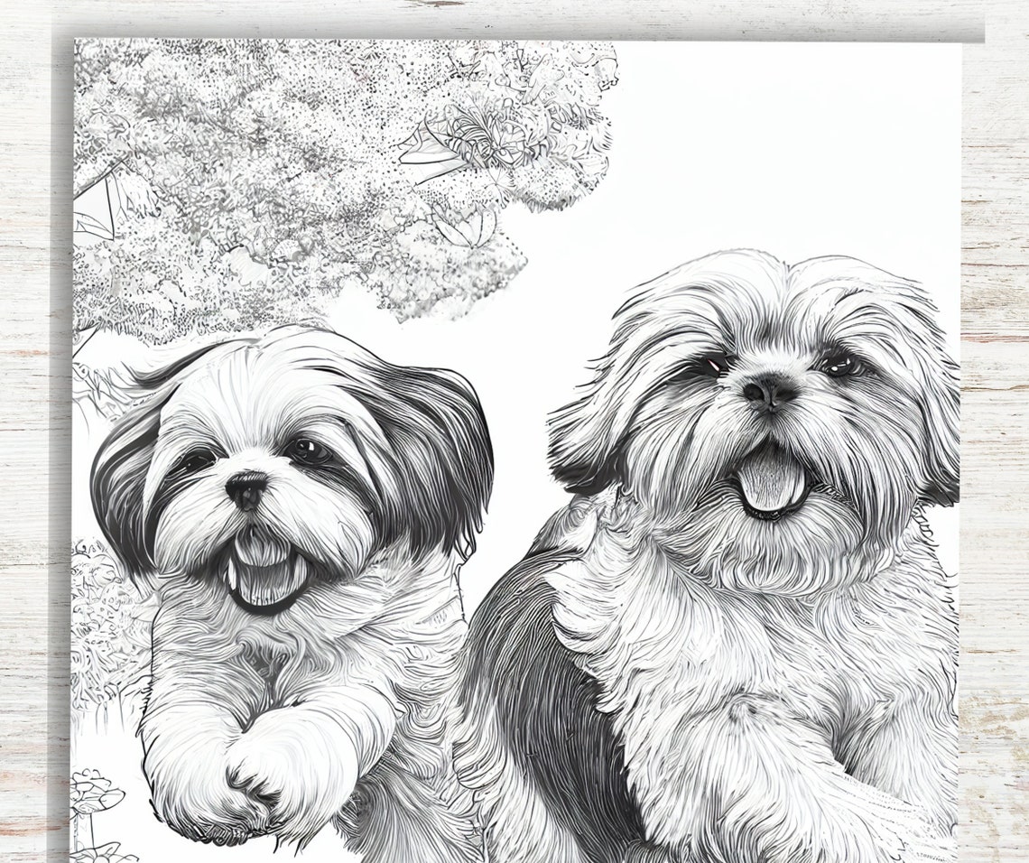 10 Cute Shih Tzu Dogs Coloring Pages Printable Grayscale Dog - Etsy