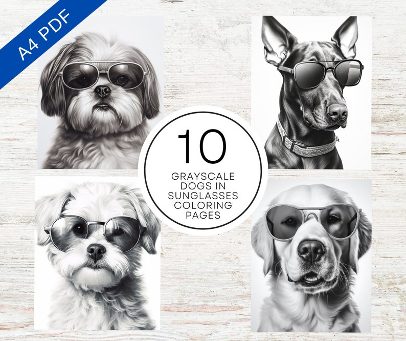 10 Grayscale Dogs in Sunglasses Coloring Pages for Adults | Digital ...