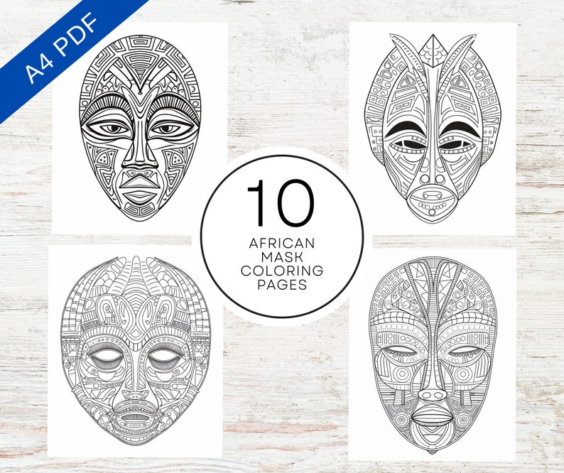 10 African Mask Coloring Pages | A4 Printable PDF | Pattern Coloring ...
