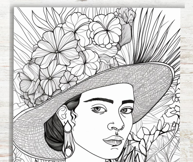 10 Frida Kahlo Portrait Coloring Pages Printable PDF A4 Floral Adult ...