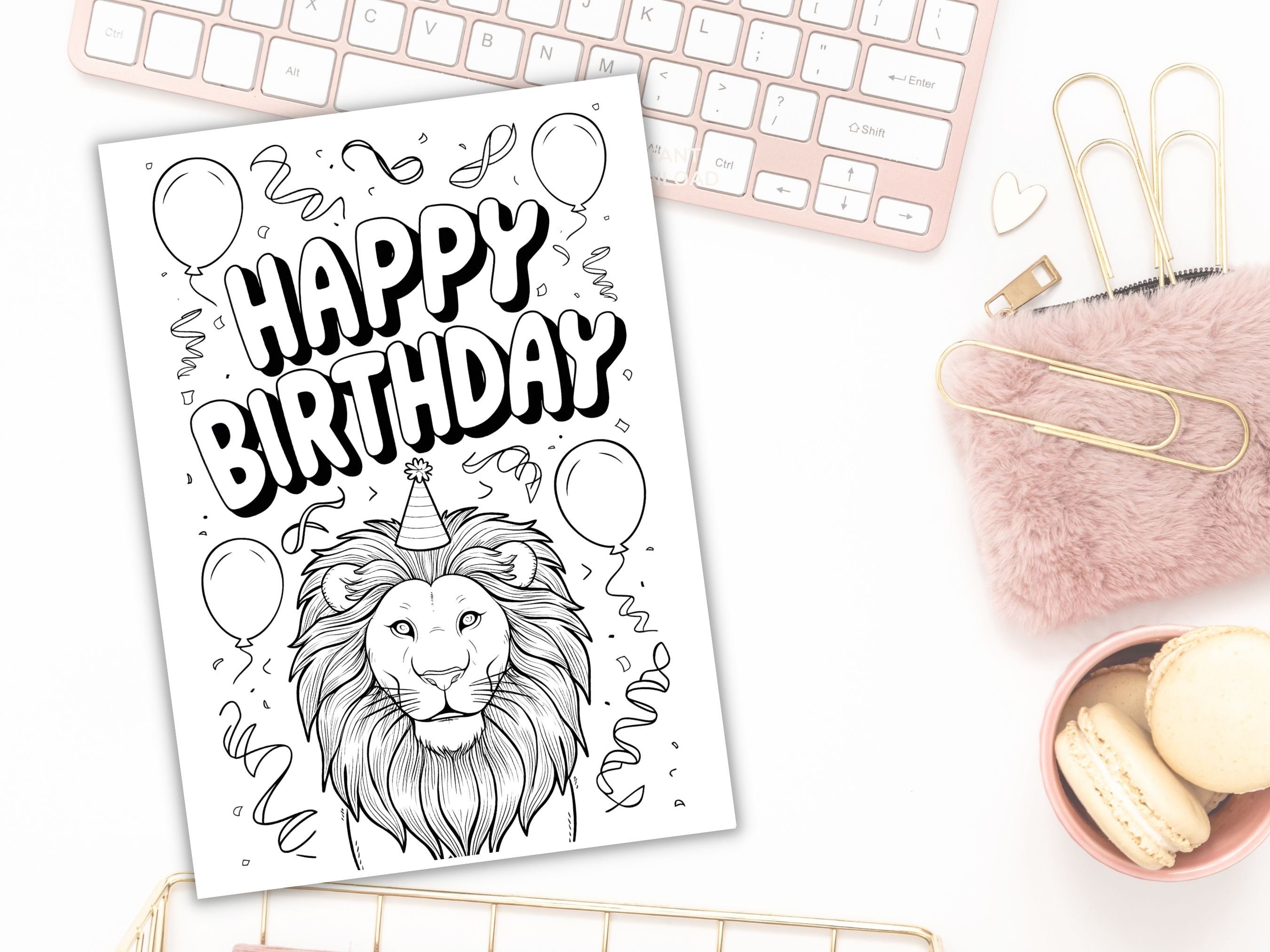 Happy Birthday Lion Printable Coloring Card | Cute Animal Digital ...
