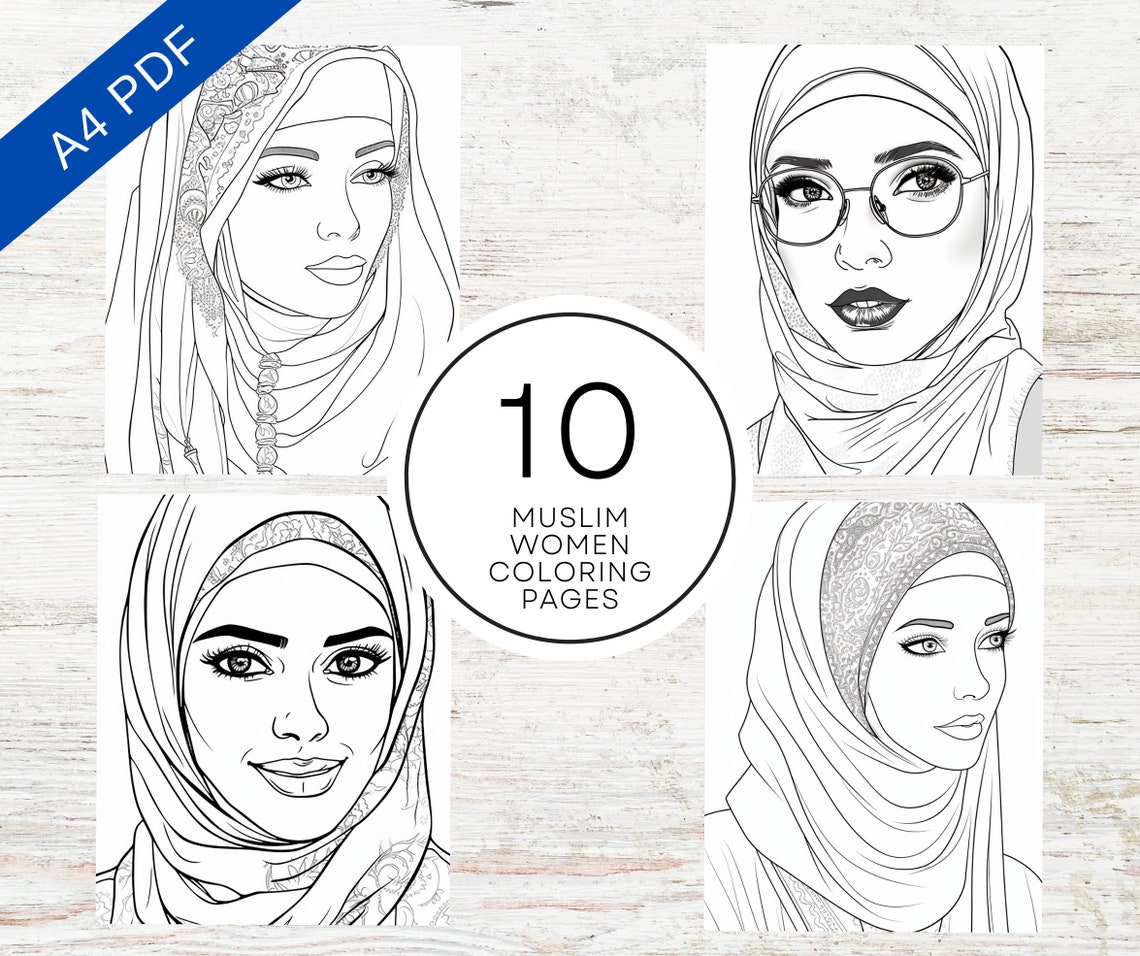 10 Muslim Women Coloring Pages | Printable PDF 10 Pages A4 | Grayscale ...