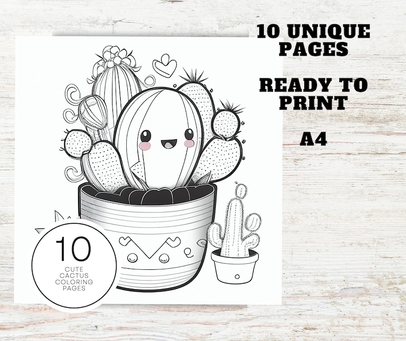 Cute Cactus Coloring Pages Printable PDF 10 Pages A4 for - Etsy