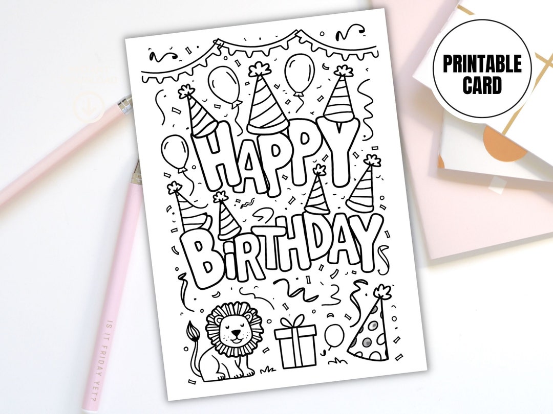 Happy Birthday Lion Printable Coloring Card | Digital Download Kids ...