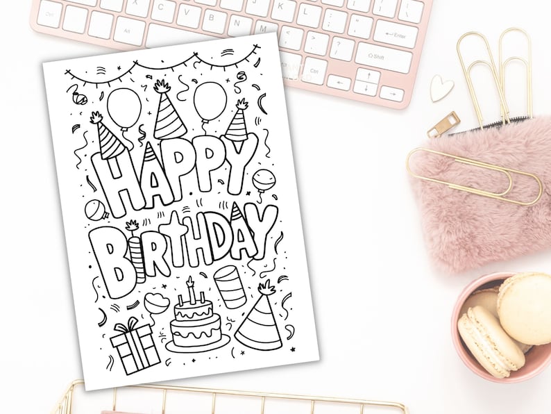 Happy Birthday Printable Coloring Card | Digital Download Birthday Card ...