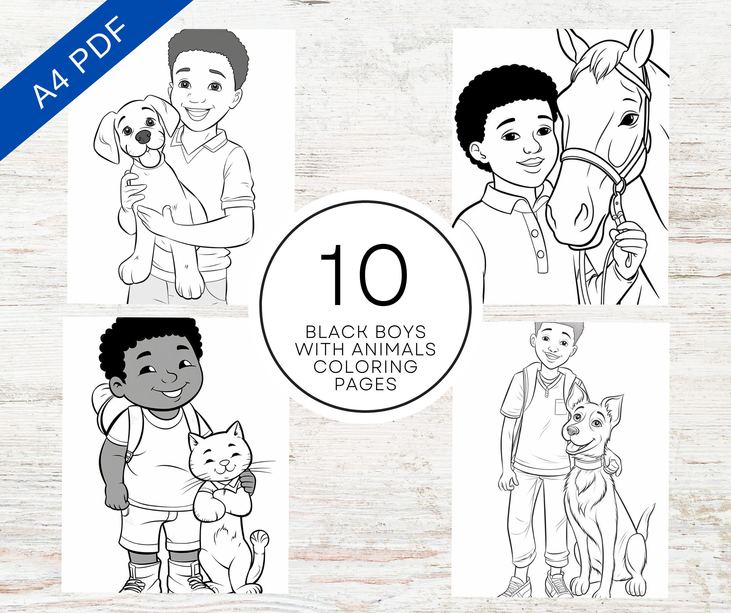 10 Black Boys With Animals Coloring Pages | Printable PDF A4 ...