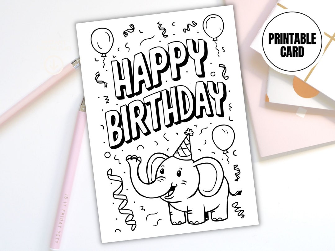 Happy Birthday Elephant Coloring Card | Digital Download | Printable ...