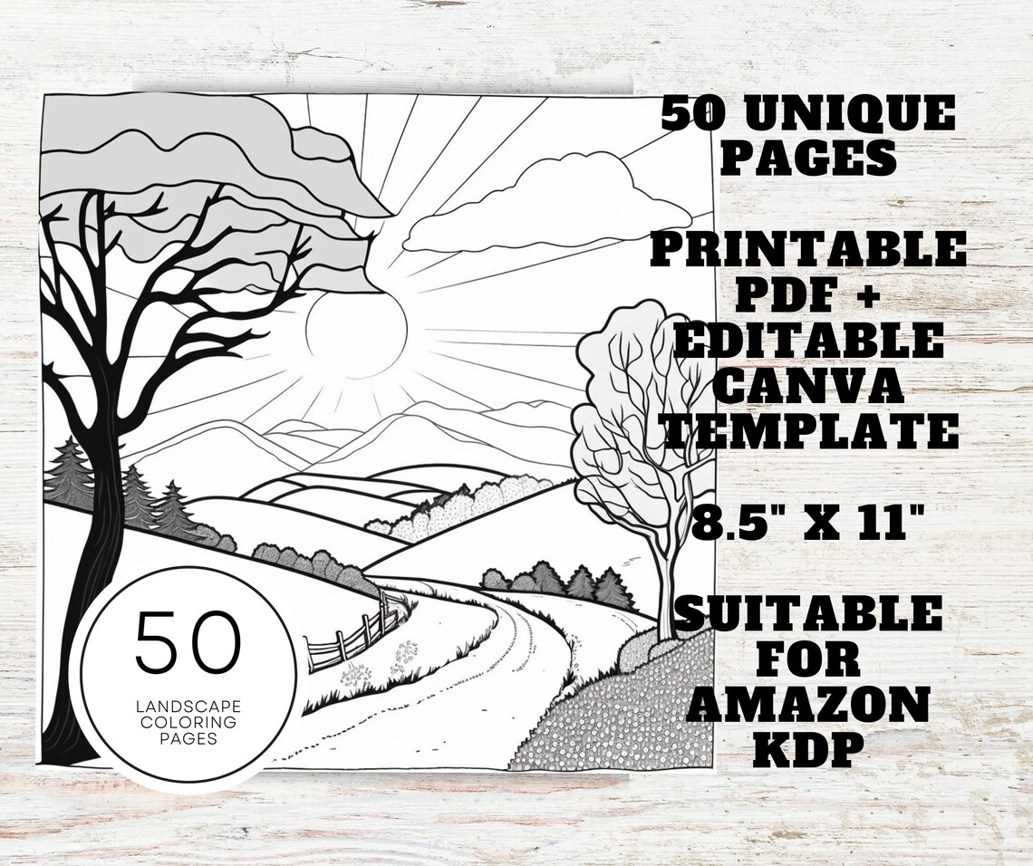 KDP Interior 50 Landscape Coloring Pages | 8.5" X 11" Printable PDF ...