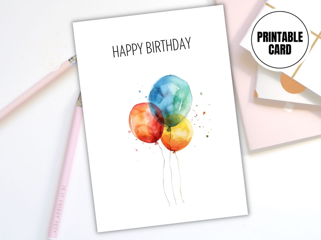 Watercolor Happy Birthday Balloons Printable Card - Digital Download ...