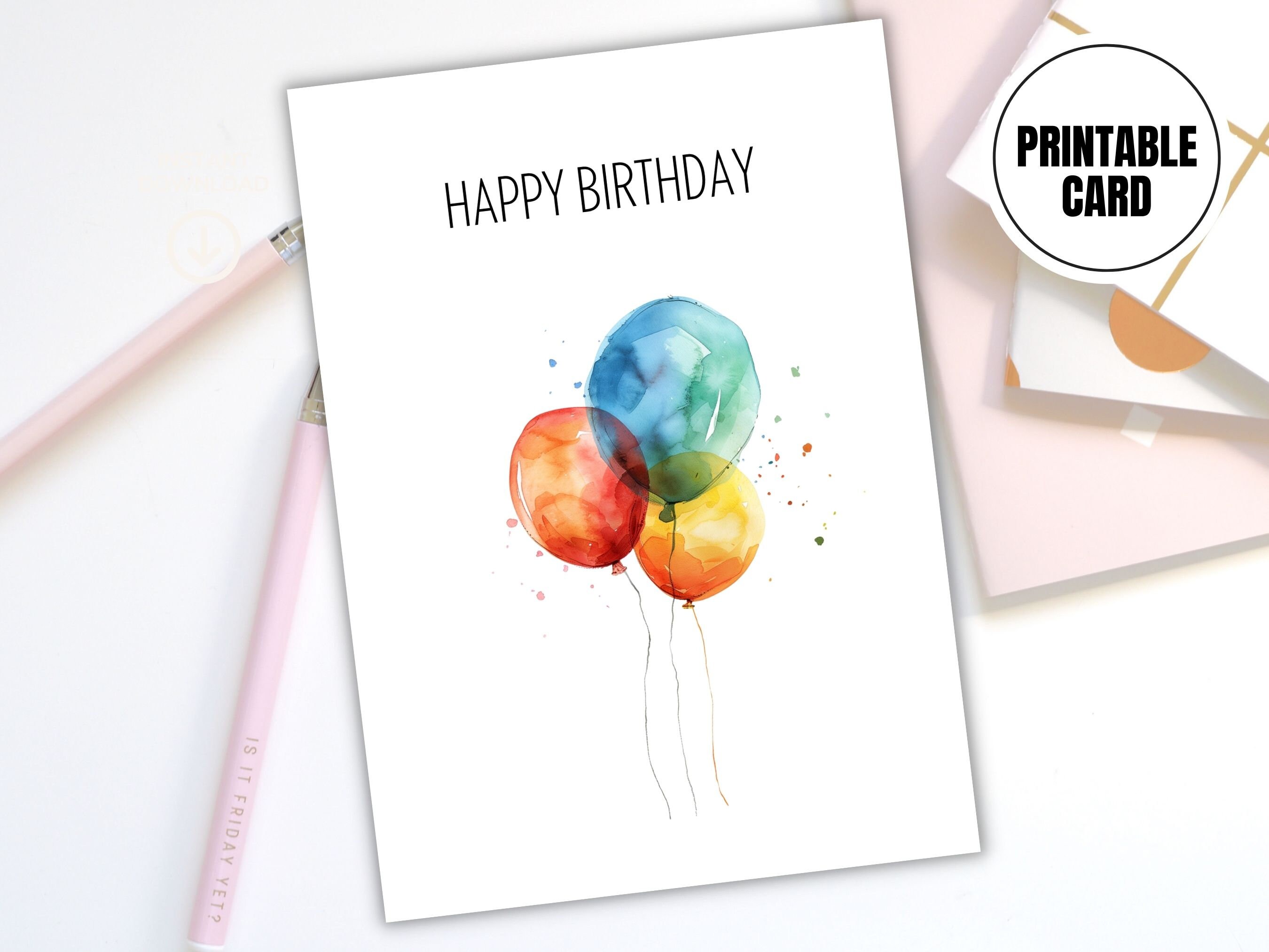 Watercolor Happy Birthday Balloons Printable Card Digital Download Non ...