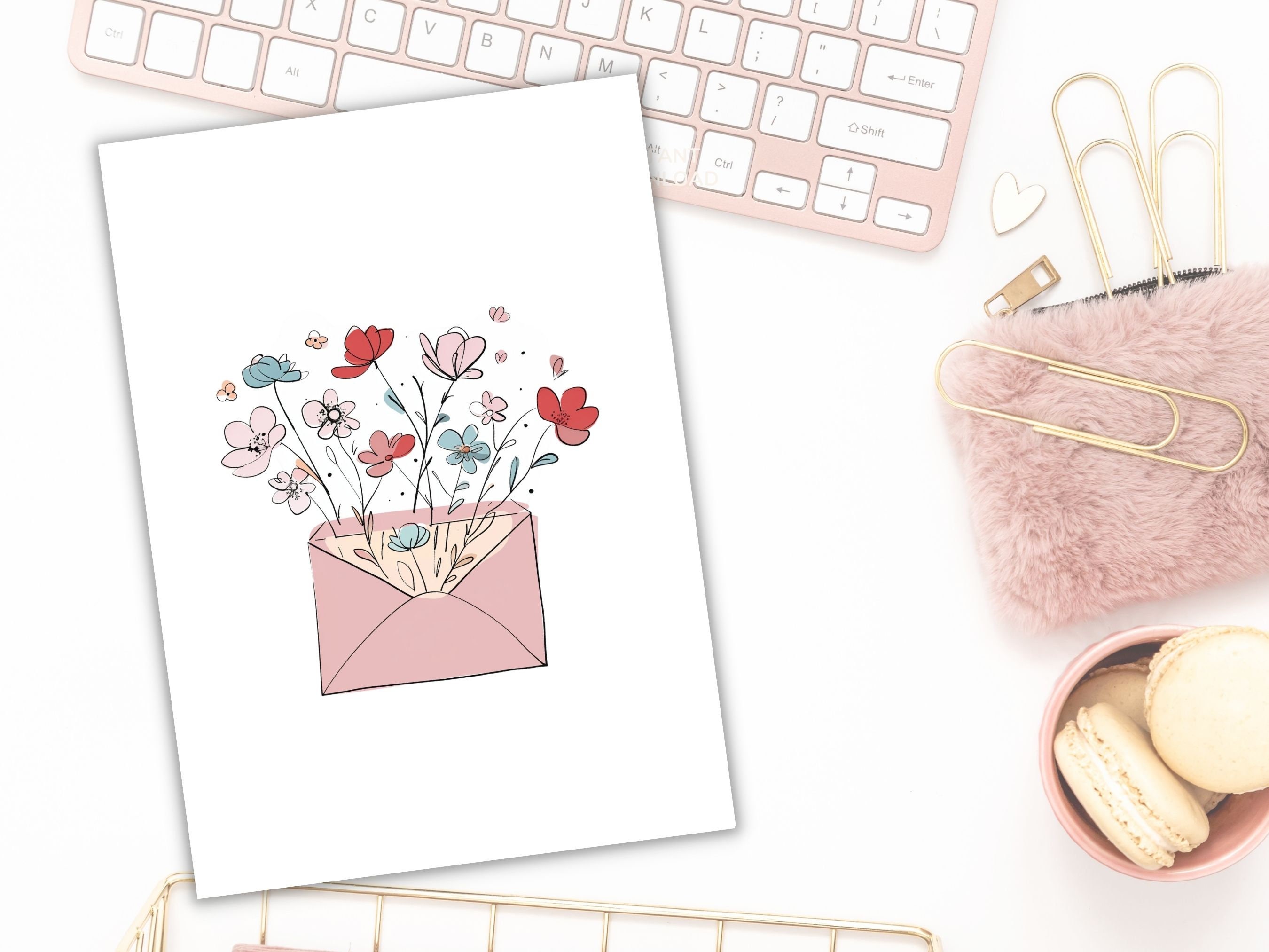 Printable Greeting Card - Pastel Pink Floral Design - Minimalistic ...