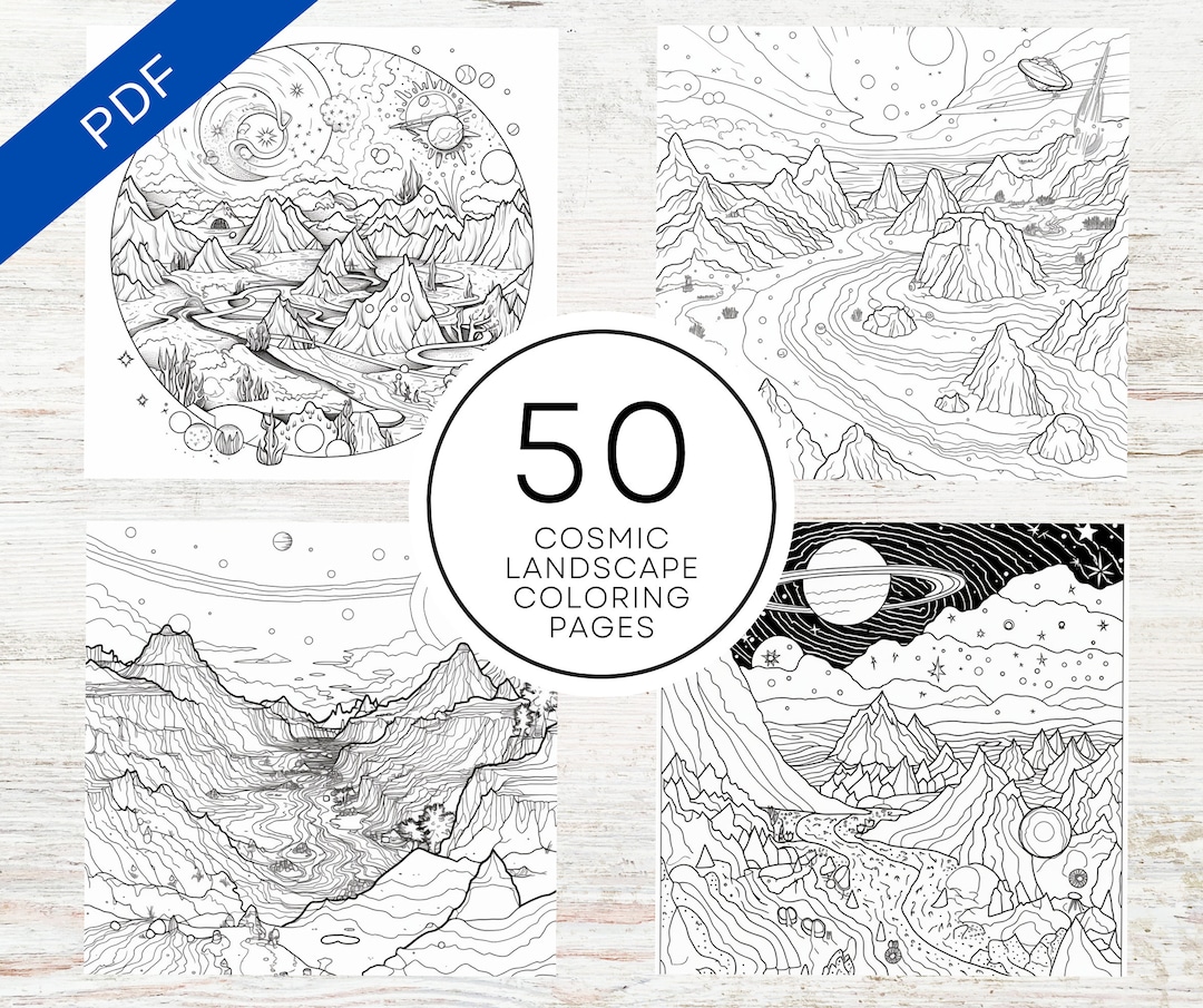 KDP Interior 50 Cosmic Landscape Coloring Pages | 8.5" X 11" Printable ...