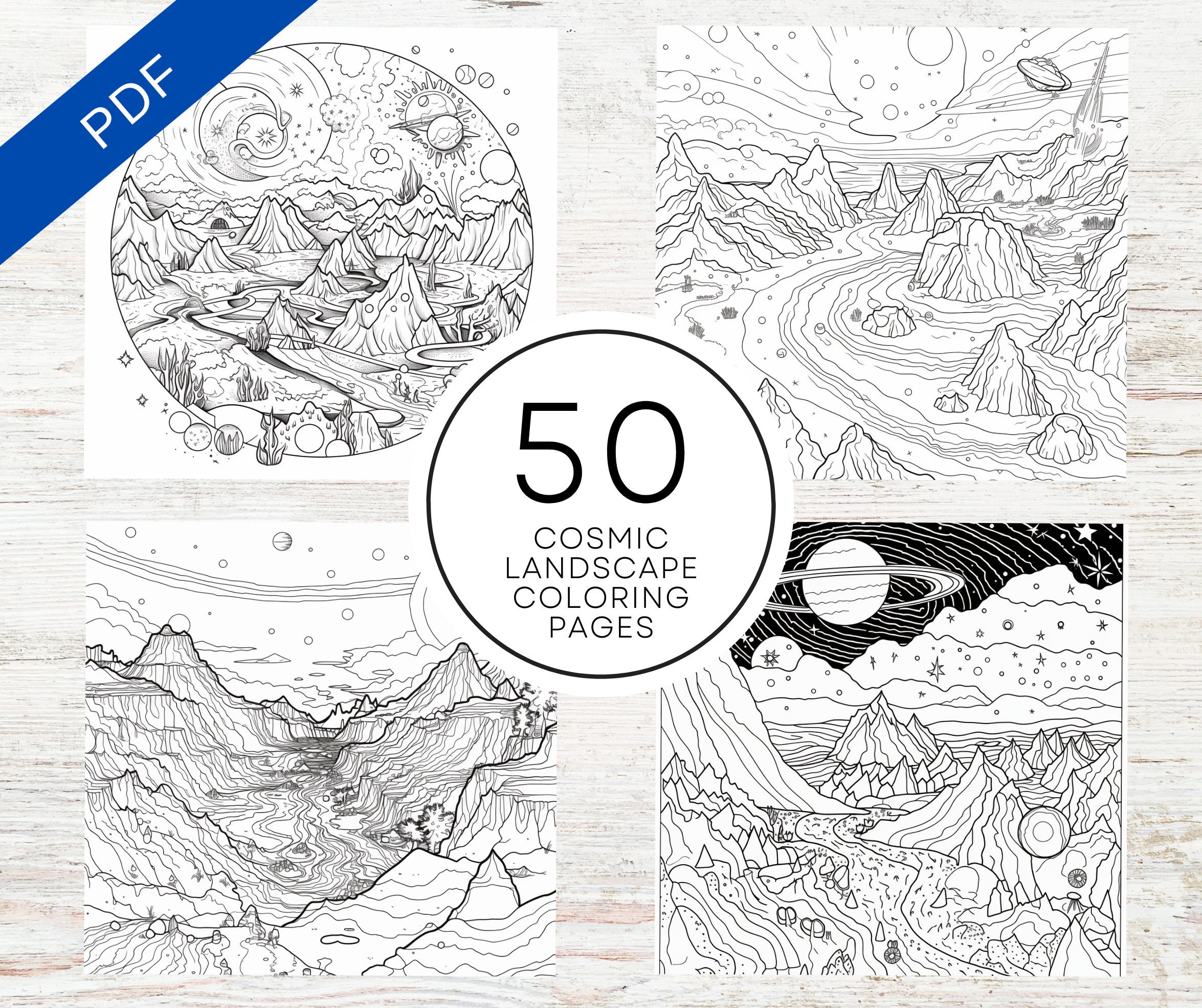 KDP Interior 50 Cosmic Landscape Coloring Pages 8.5 X 11 Printable PDF ...