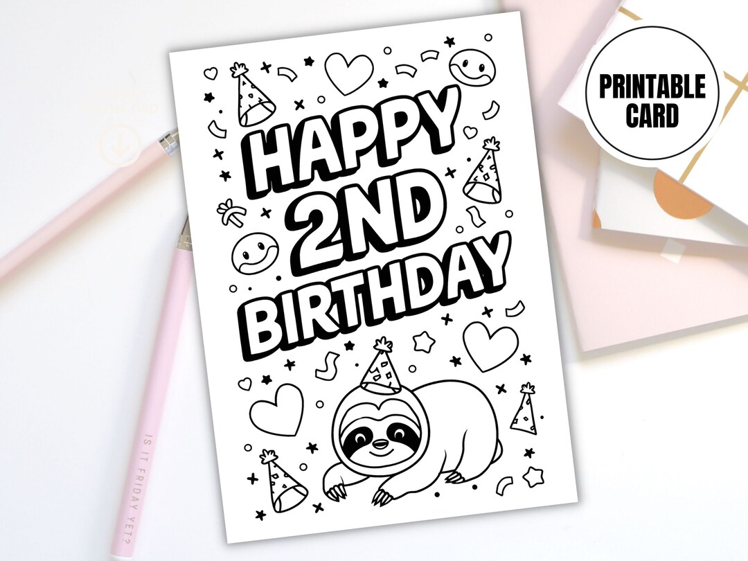 2nd Birthday Printable Coloring Card - Adorable Sloth Digital Coloring ...