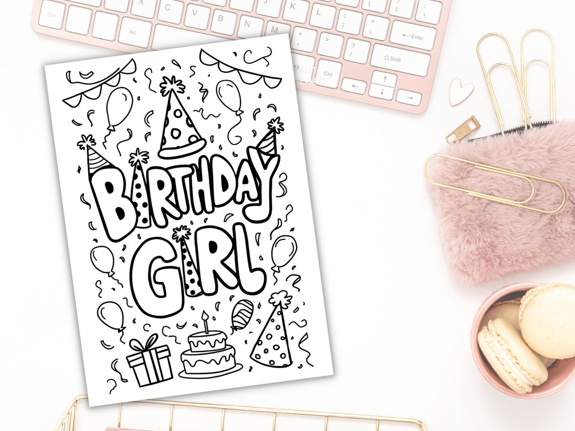 Birthday Girl Printable Coloring Card | Digital Download | DIY Birthday ...