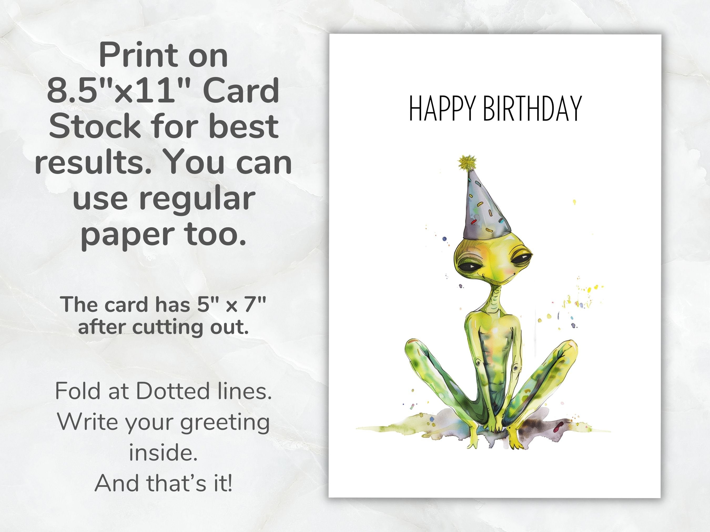 Cute Watercolor Alien Birthday Card, Digital Download Happy Birthday ...