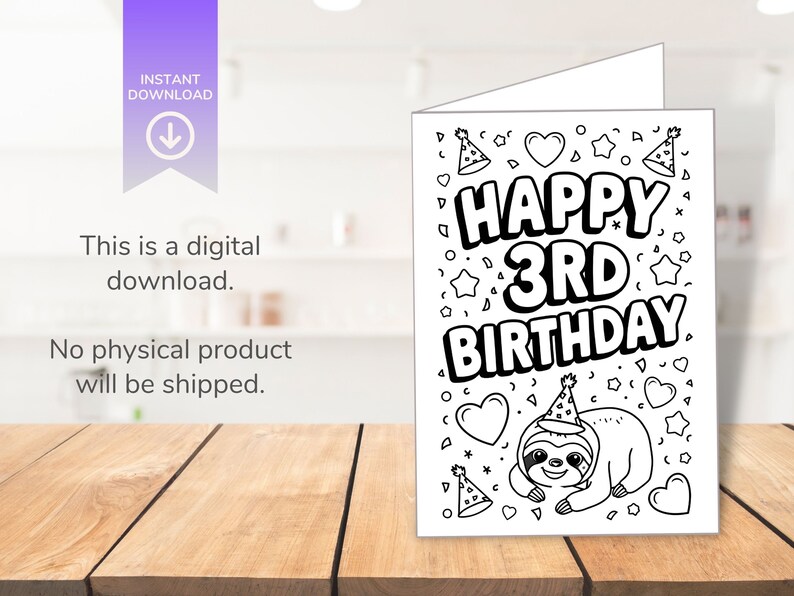 3rd Birthday Sloth Coloring Card Printable Birthday Card Digital ...