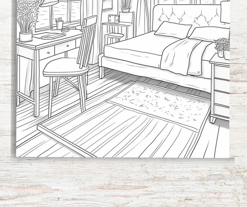 10 Bedroom Interior Coloring Pages for Adults A4 Printable PDF Stress ...