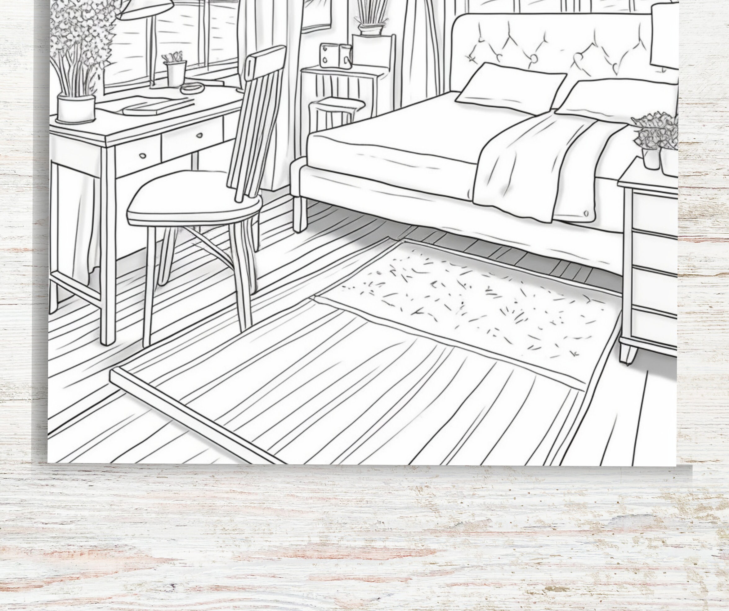 10 Bedroom Interior Coloring Pages for Adults A4 Printable PDF Stress ...