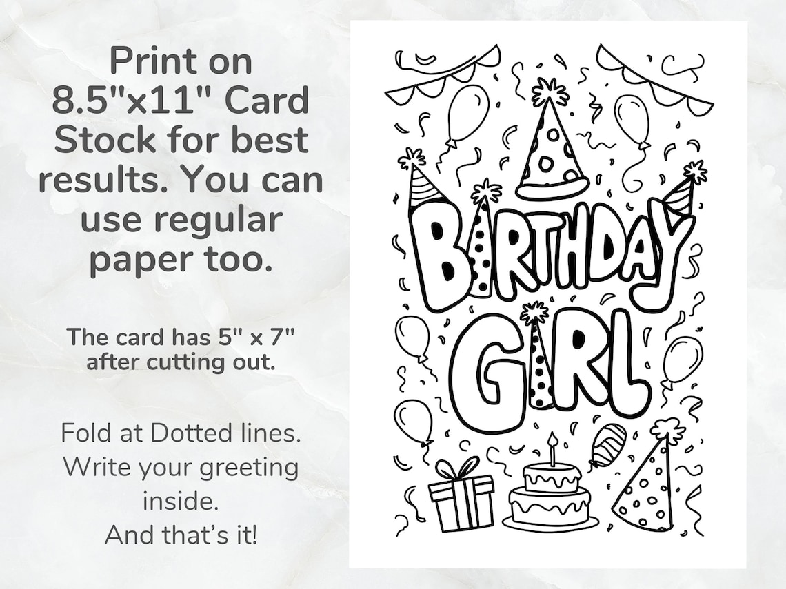 Birthday Girl Printable Coloring Card | Digital Download | DIY Birthday ...