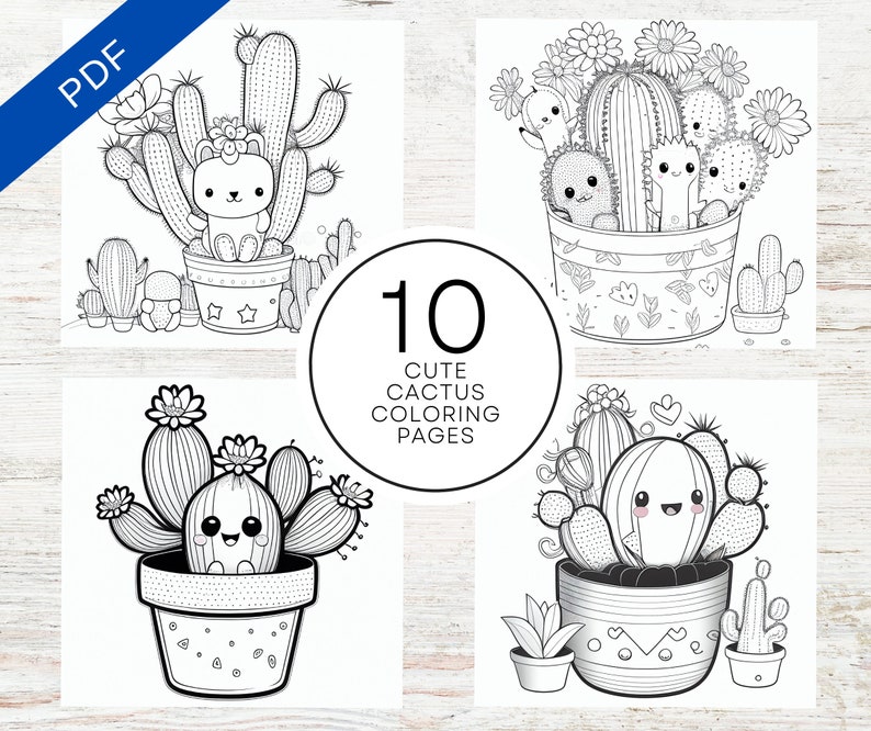 Cute Cactus Coloring Pages Printable PDF 10 Pages A4 for - Etsy