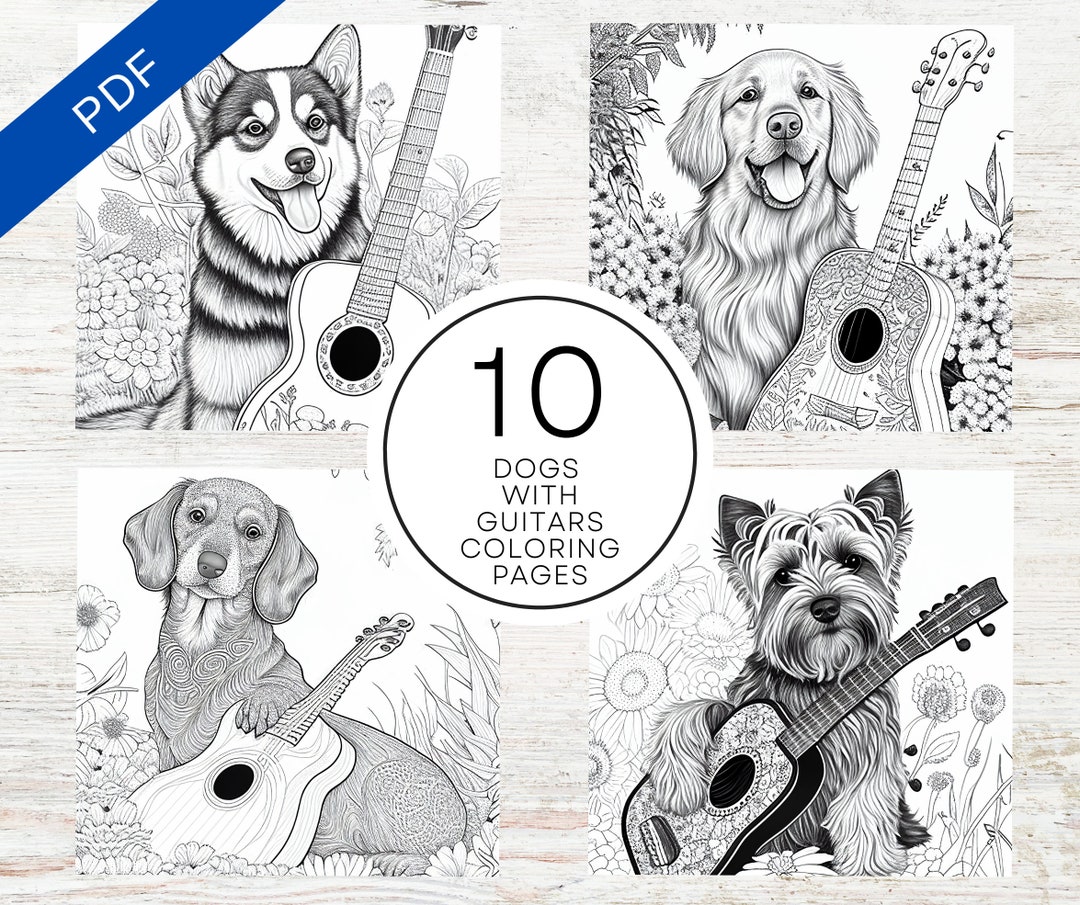 10 Cute Dogs With Guitars | Printable Dog Breed Coloring Sheets for ...