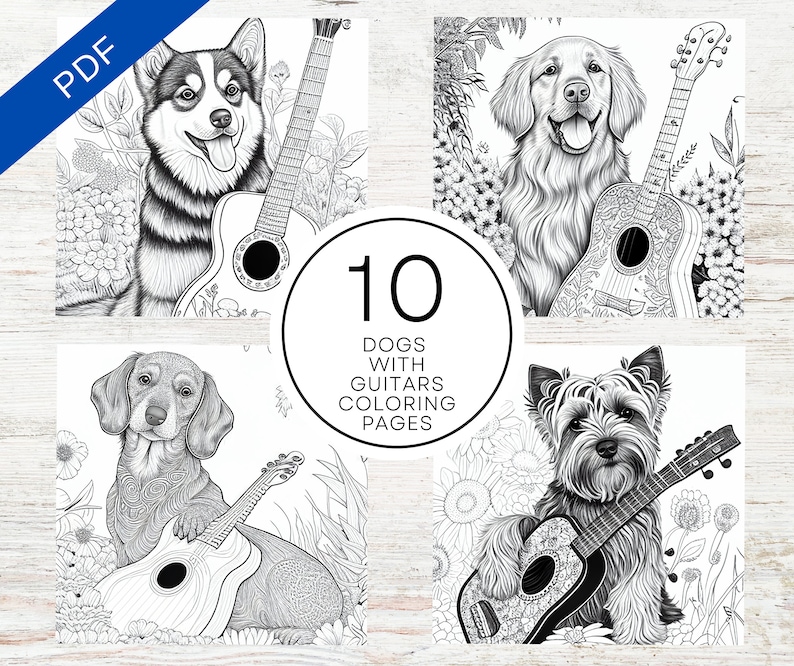 10 Cute Dogs With Guitars | Printable Dog Breed Coloring Sheets for ...