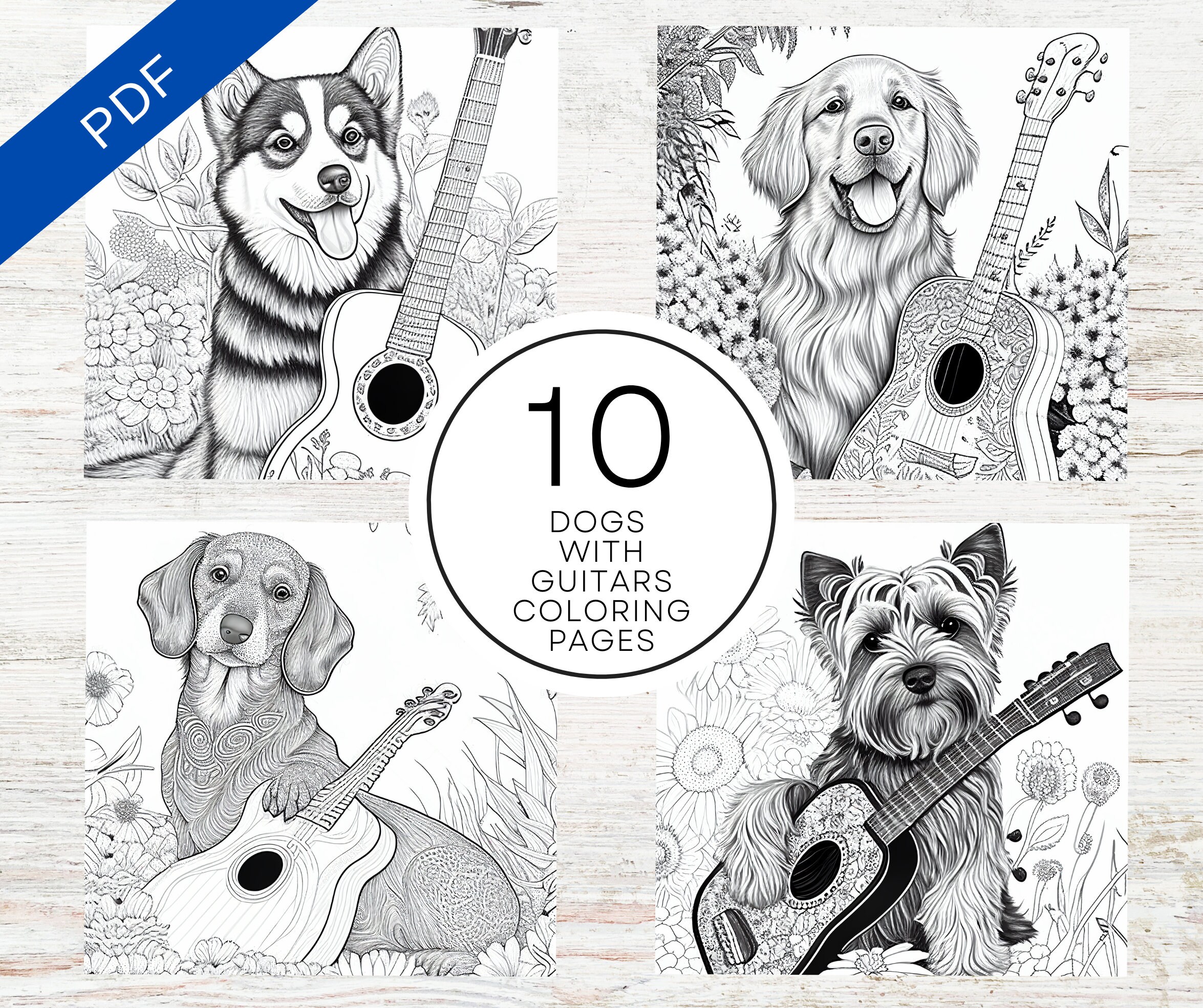 10 Cute Dogs With Guitars Printable Dog Breed Coloring Sheets for Teens ...