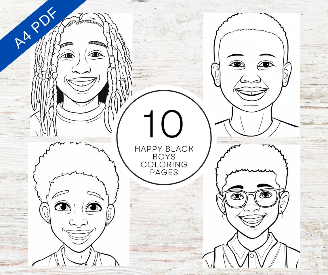 10 Happy Black Boys Coloring Pages | Printable PDF A4 | Inclusive Cute ...