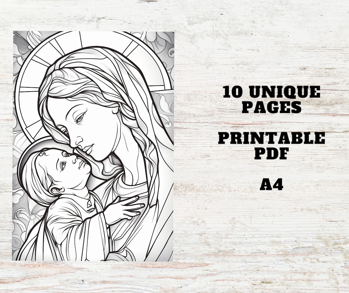 10 Mother Mary Coloring Pages Printable PDF 10 Pages A4 Stress Relief ...