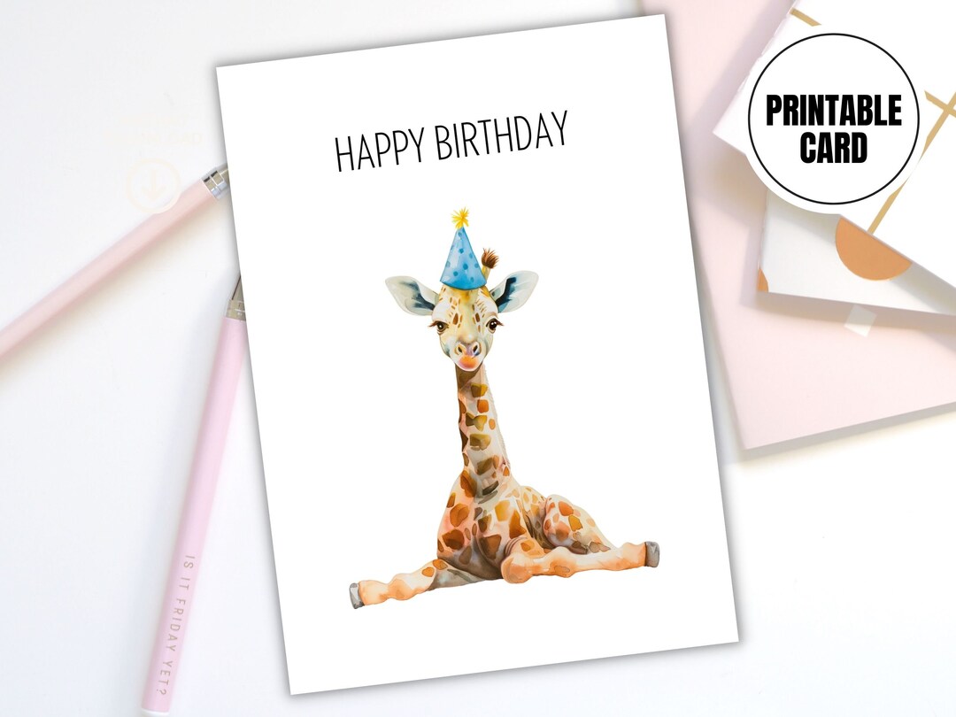 Cute Baby Giraffe Birthday Card, Watercolor Printable, Happy Birthday ...