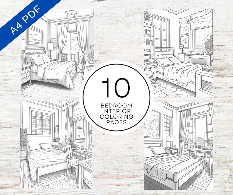 10 Bedroom Interior Coloring Pages for Adults A4 Printable PDF Stress ...