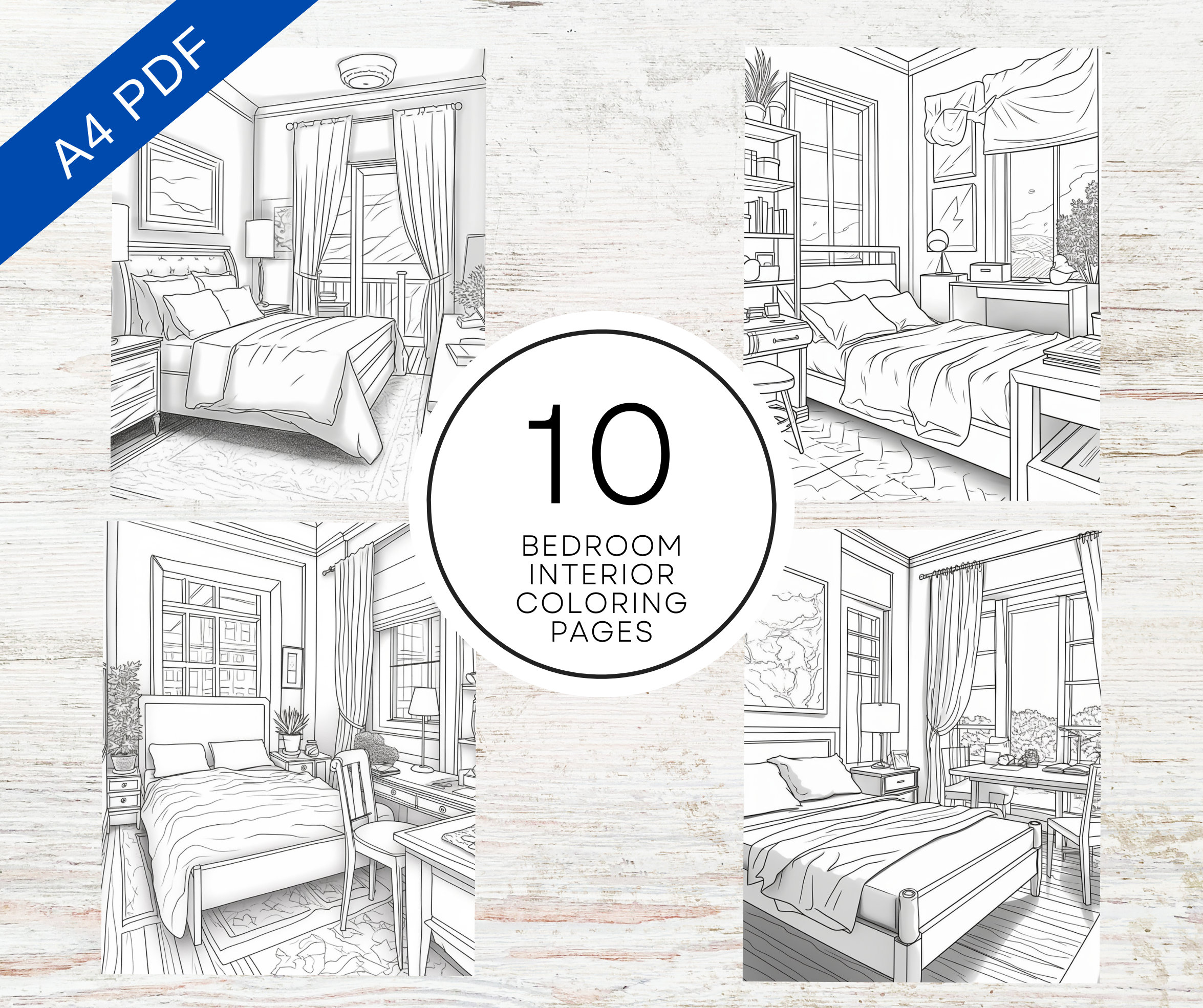 10 Bedroom Interior Coloring Pages for Adults A4 Printable PDF Stress ...