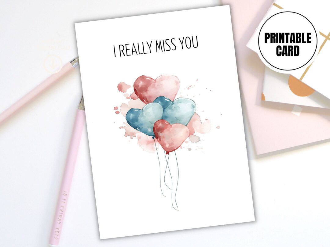 Printable Miss You Card Digital Download Minimalist Watercolor Pastel