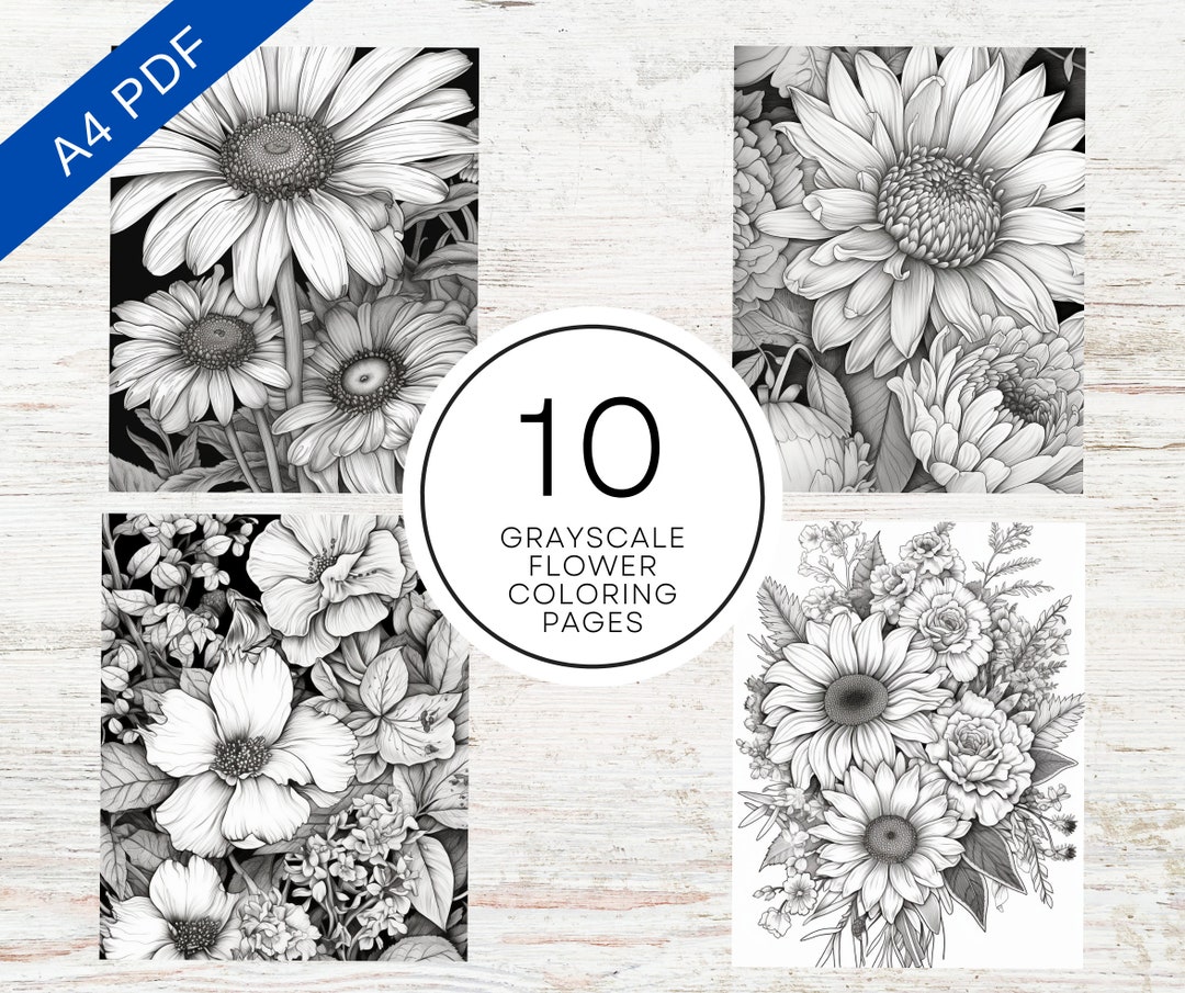10 Grayscale Flower Coloring Pages for Adults | Digital Coloring Sheets ...