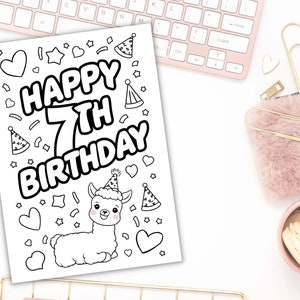 7th Birthday Llama Coloring Card - Printable Birthday Card - Digital ...