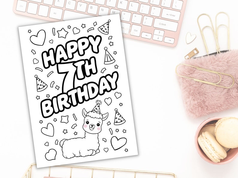 7th Birthday Llama Coloring Card - Printable Birthday Card - Digital ...