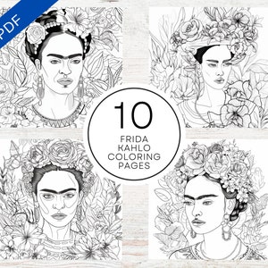 10 Frida Kahlo Portrait Coloring Pages Printable PDF A4 Floral Adult ...