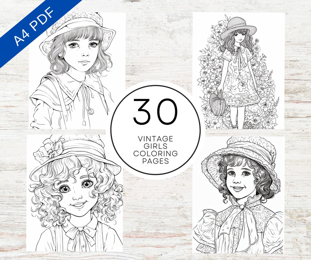 30 Vintage Girls Coloring Pages | Printable PDF 30 Pages A4 | Realistic ...