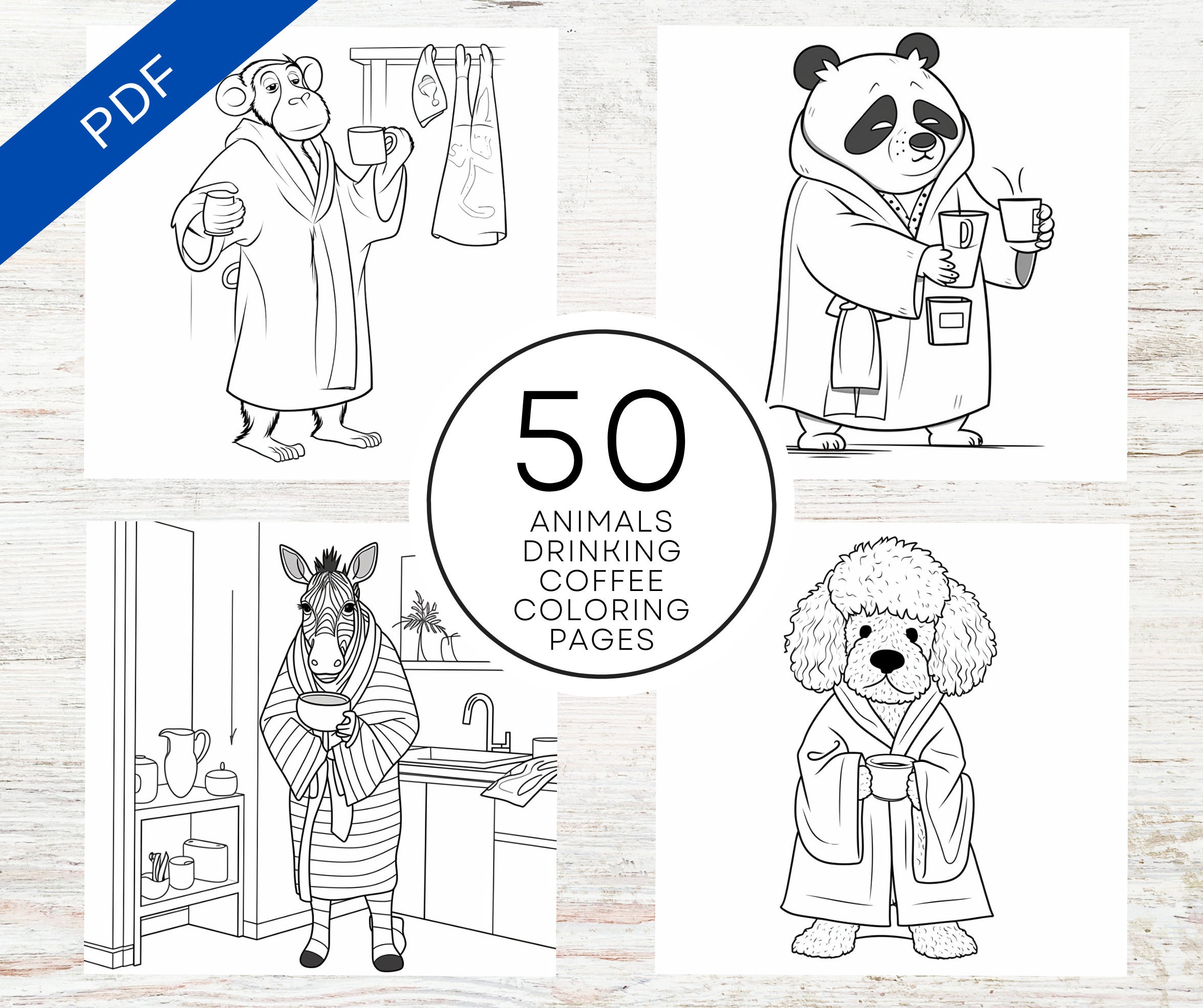 KDP Interior 50 Cute Animals Drinking Coffee Coloring Pages 8.5 X 11 ...