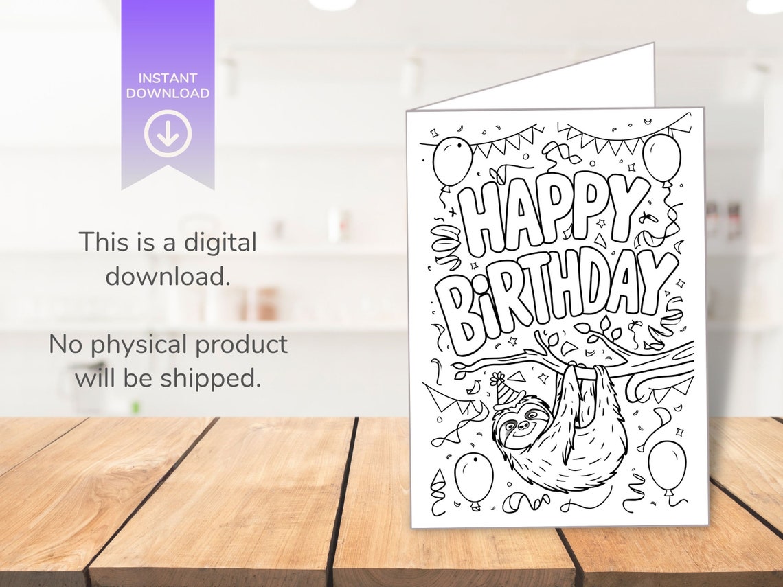 Happy Birthday Sloth Printable Coloring Card | Digital Download Kid's ...