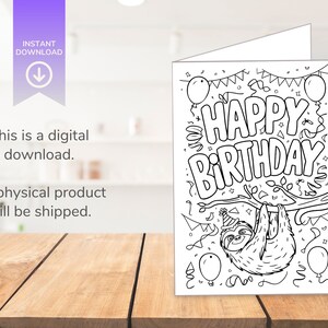 Happy Birthday Sloth Printable Coloring Card | Digital Download Kid's ...