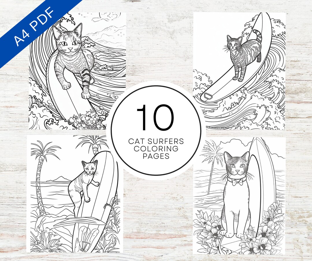10 Cat Surfer Coloring Pages | Printable PDF A4 | Funny Cat Surfers ...