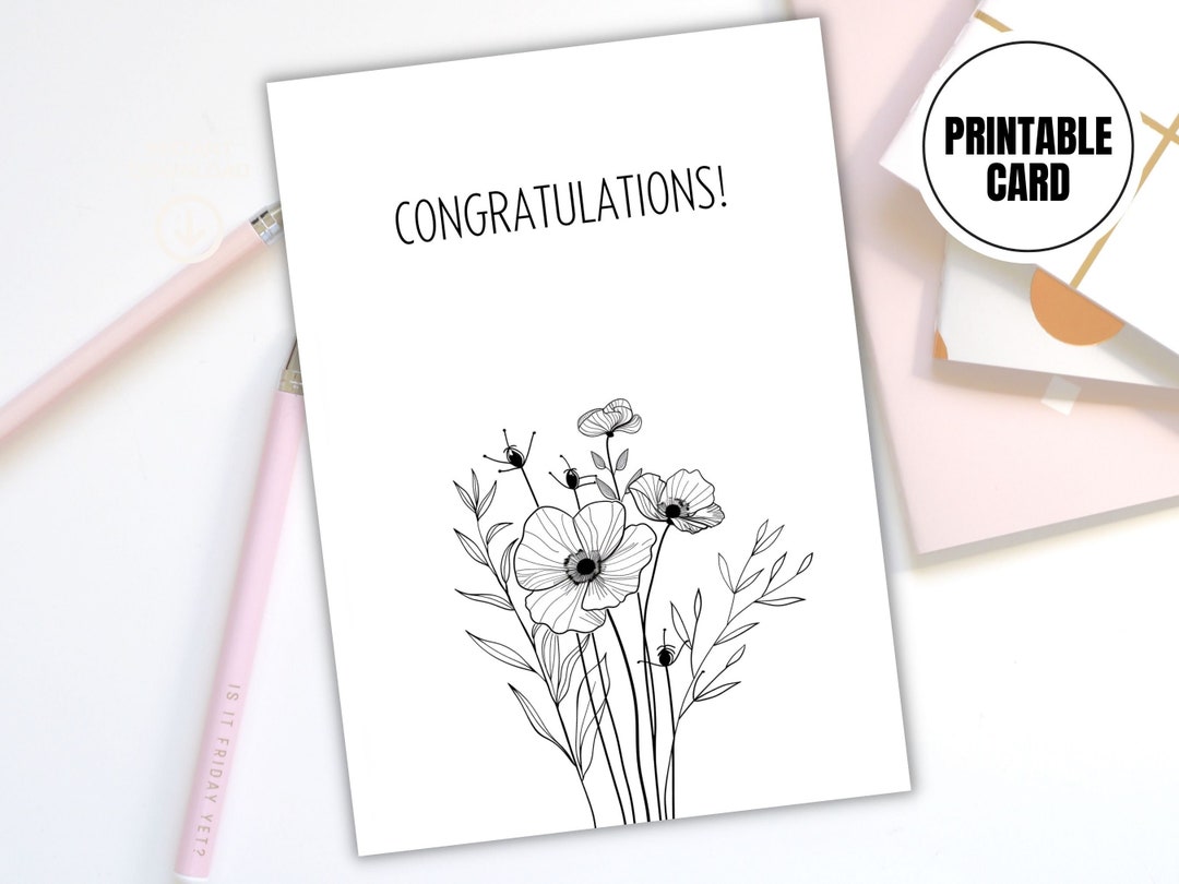 Minimalist Botanical Line Art Congratulations Card - Printable Digital ...