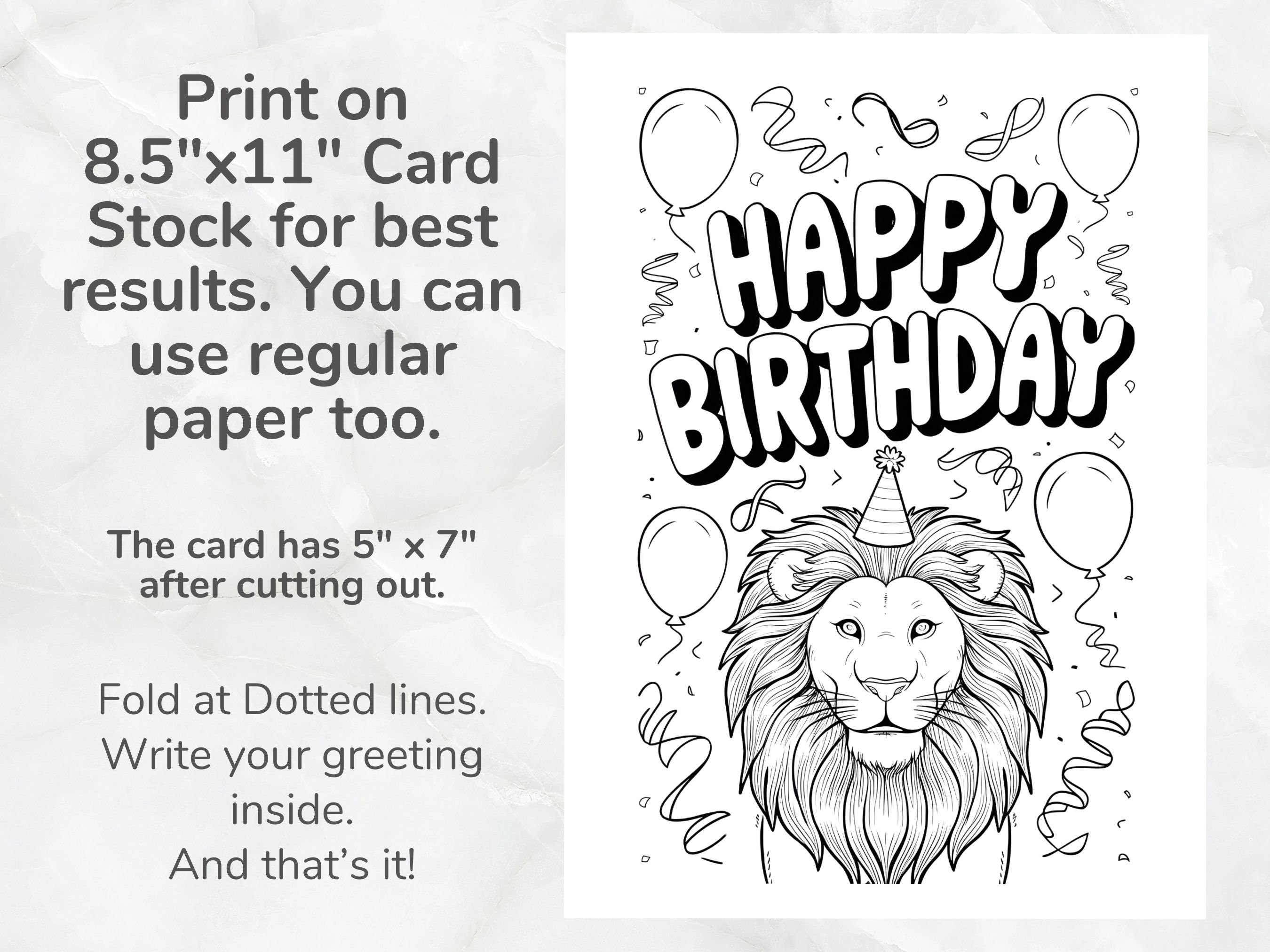 Happy Birthday Lion Printable Coloring Card | Cute Animal Digital ...