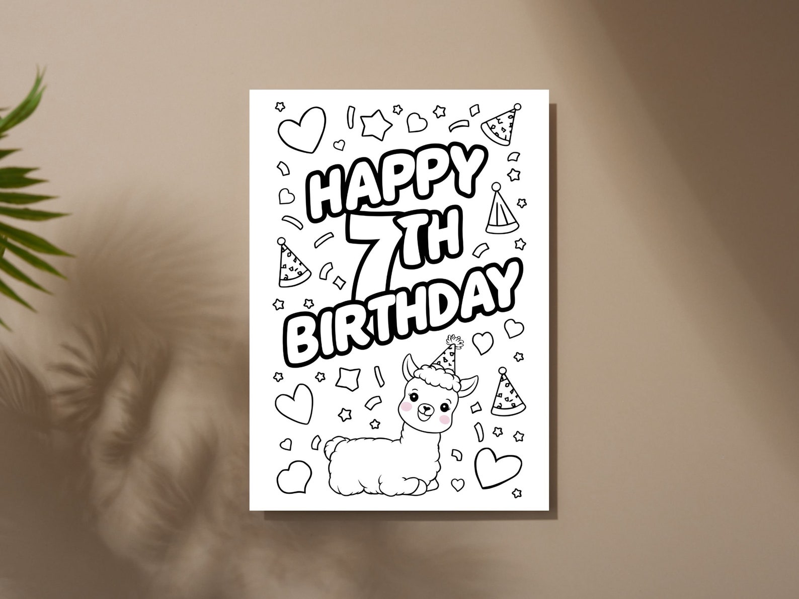 7th Birthday Llama Coloring Card - Printable Birthday Card - Digital ...
